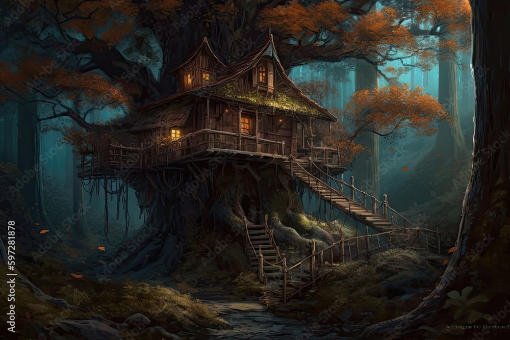 magical treehouse nestled in a mystical forest, surrounded by lush ...