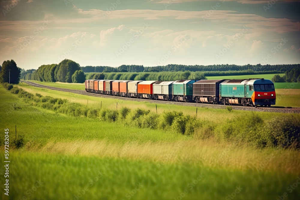 cargo train transporting shipping containers, depicted with motion blur ...