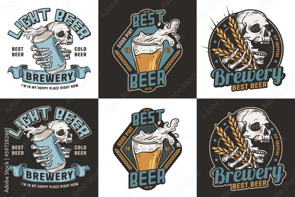 Beer set of emblems with skull and beer can. Skeleton with beer glass ...