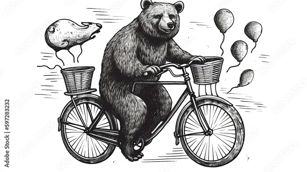 Bear Ride Bike Balloon Vector Grunge Print. Hipster Mascot Cute Wild ...