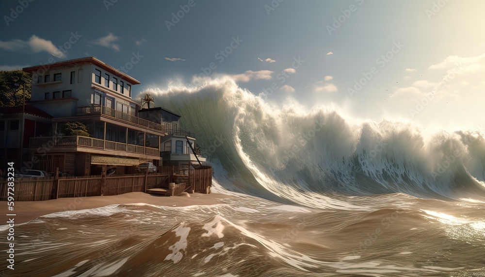 a huge wave covers the house on the ocean. Created with Generative AI ...