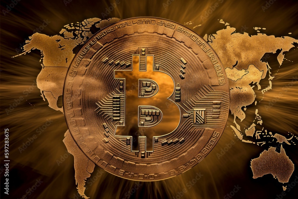 Aworld map with the digital currency Bitcoin placed on top, depicted in ...
