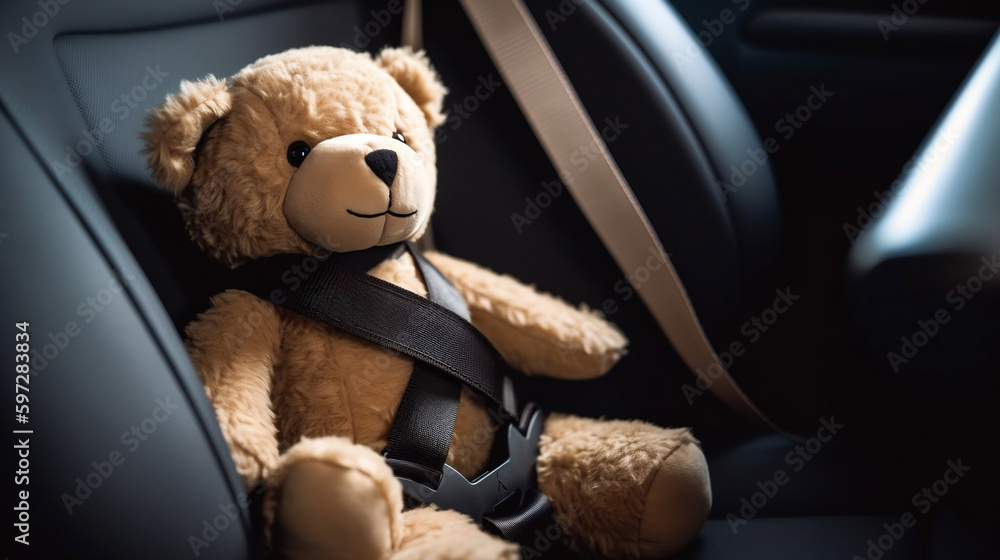 Teddy bear strapped in with seat belt in back seat of car, Generative ...