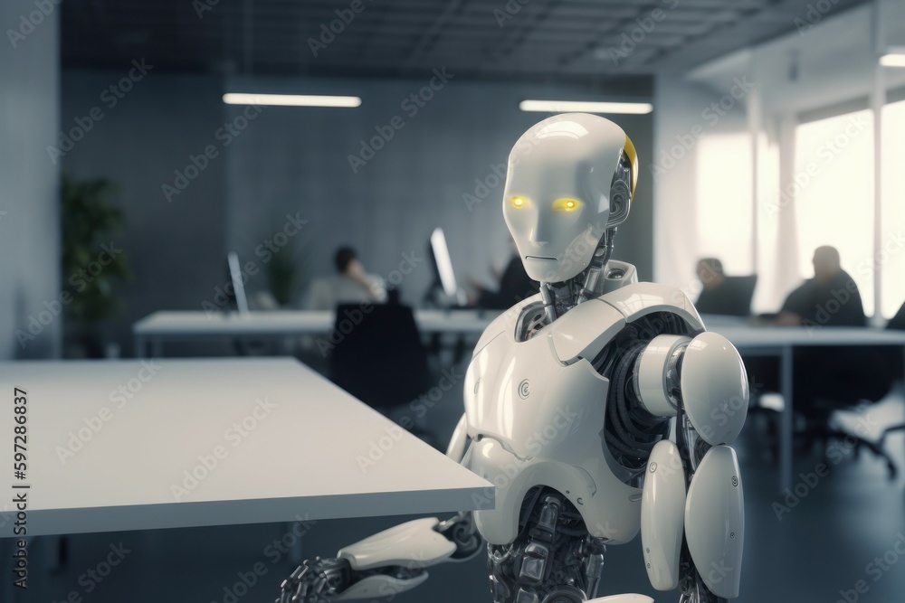 Robot working at computer among people. AI generated, human enhanced ...