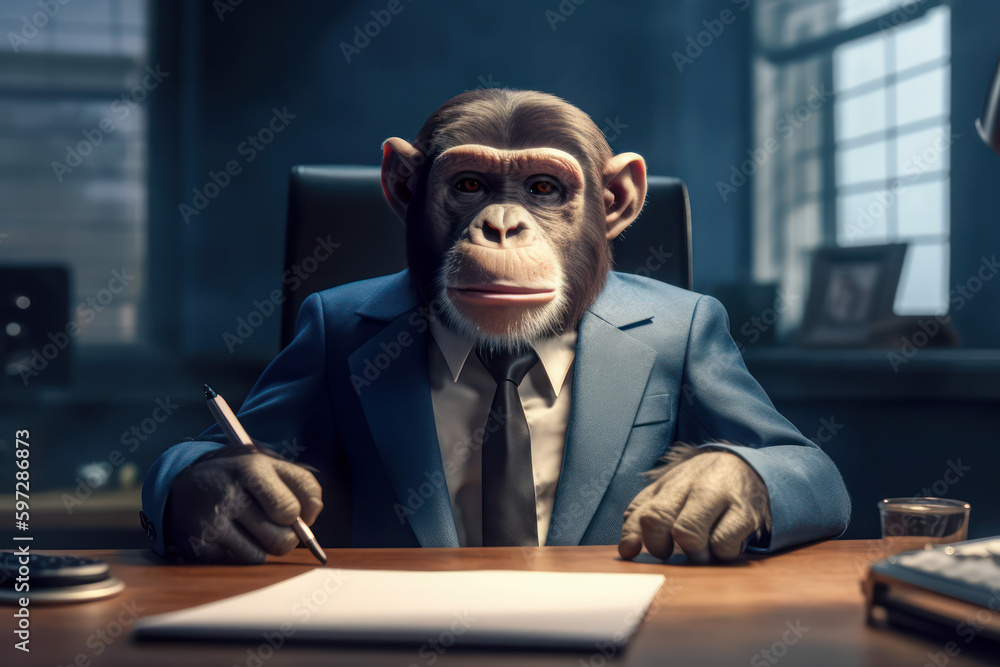 Monkey wearing suit in office. Businessman monkey sitting at office. AI ...
