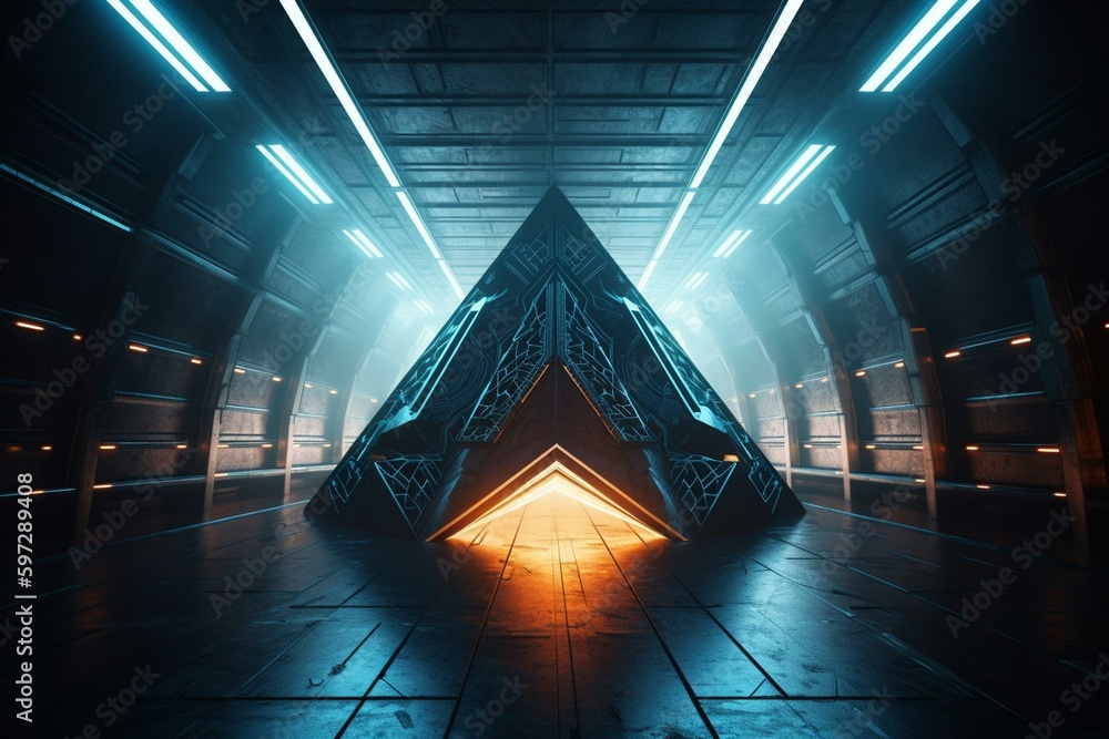 ภาพประกอบสต็อก Sci-fi triangle spaceship in a glowing cyber tunnel ...