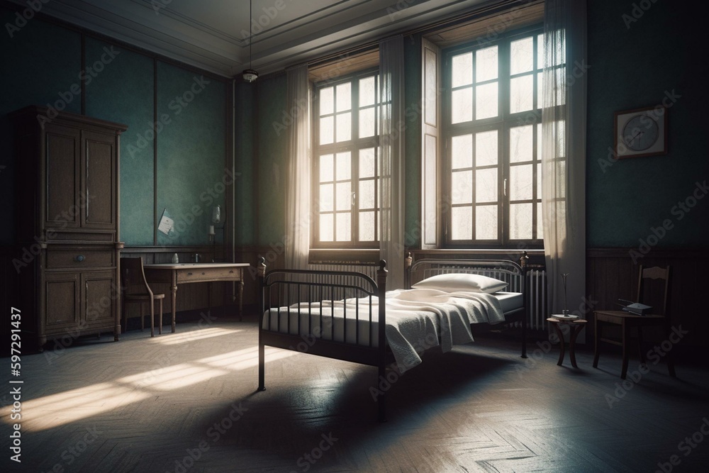 A 3D rendering of an interior of a mental hospital room with white ...