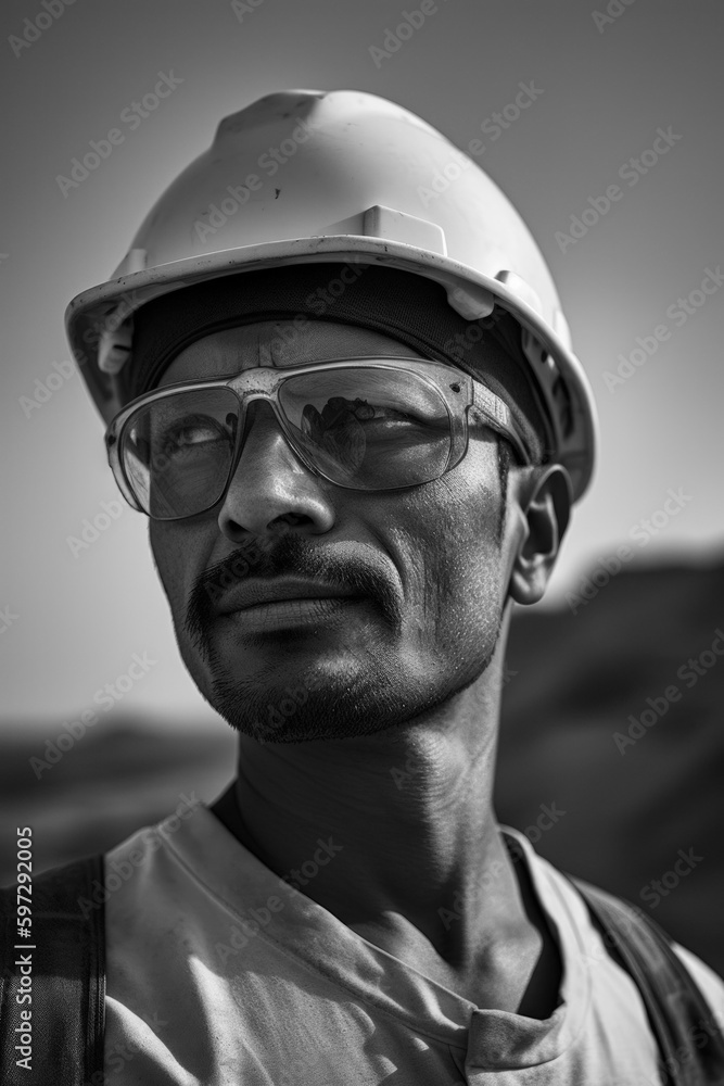 A close-up of a construction worker with hard hat and safety glasses ...