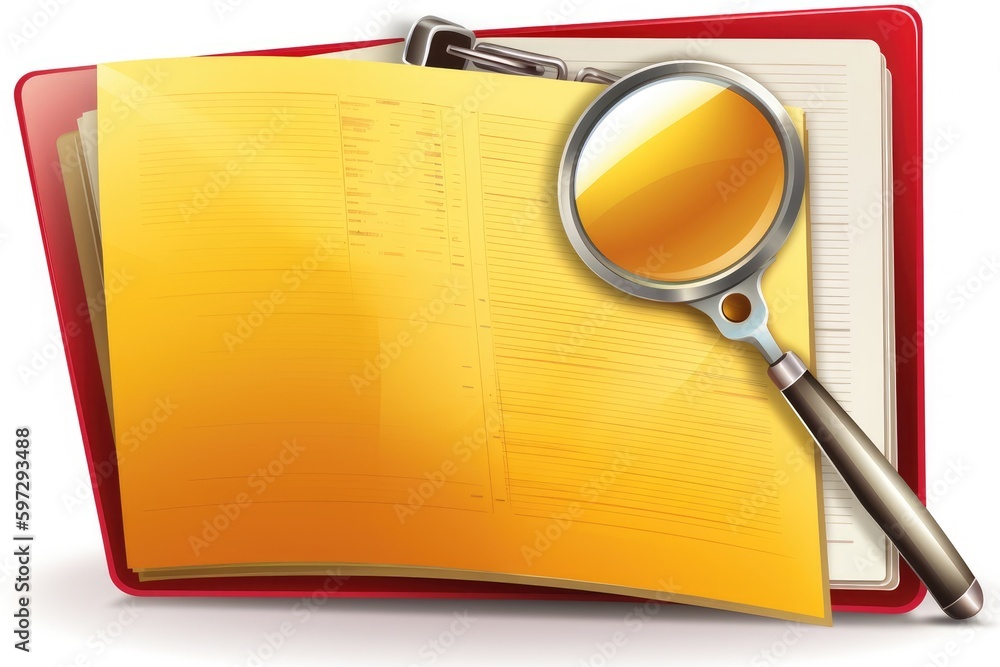 red folder with a magnifying glass on top representing investigation or ...