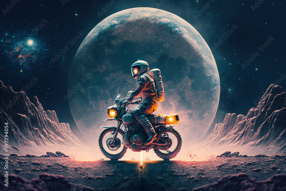 astronaut on a motorcycle in outer space made with generative ai Stock ...