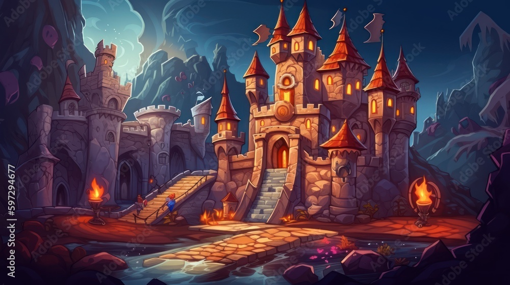 Medieval castle with secret passages, knights in armor, and a dragon ...