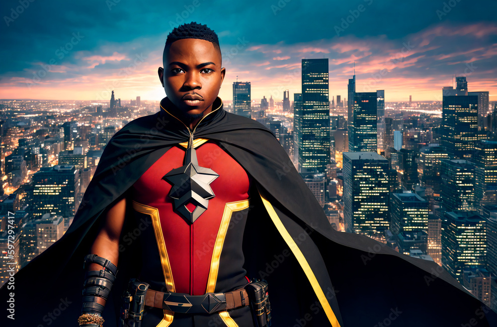 African american superhero. Portrait of black man in fantastic costume ...