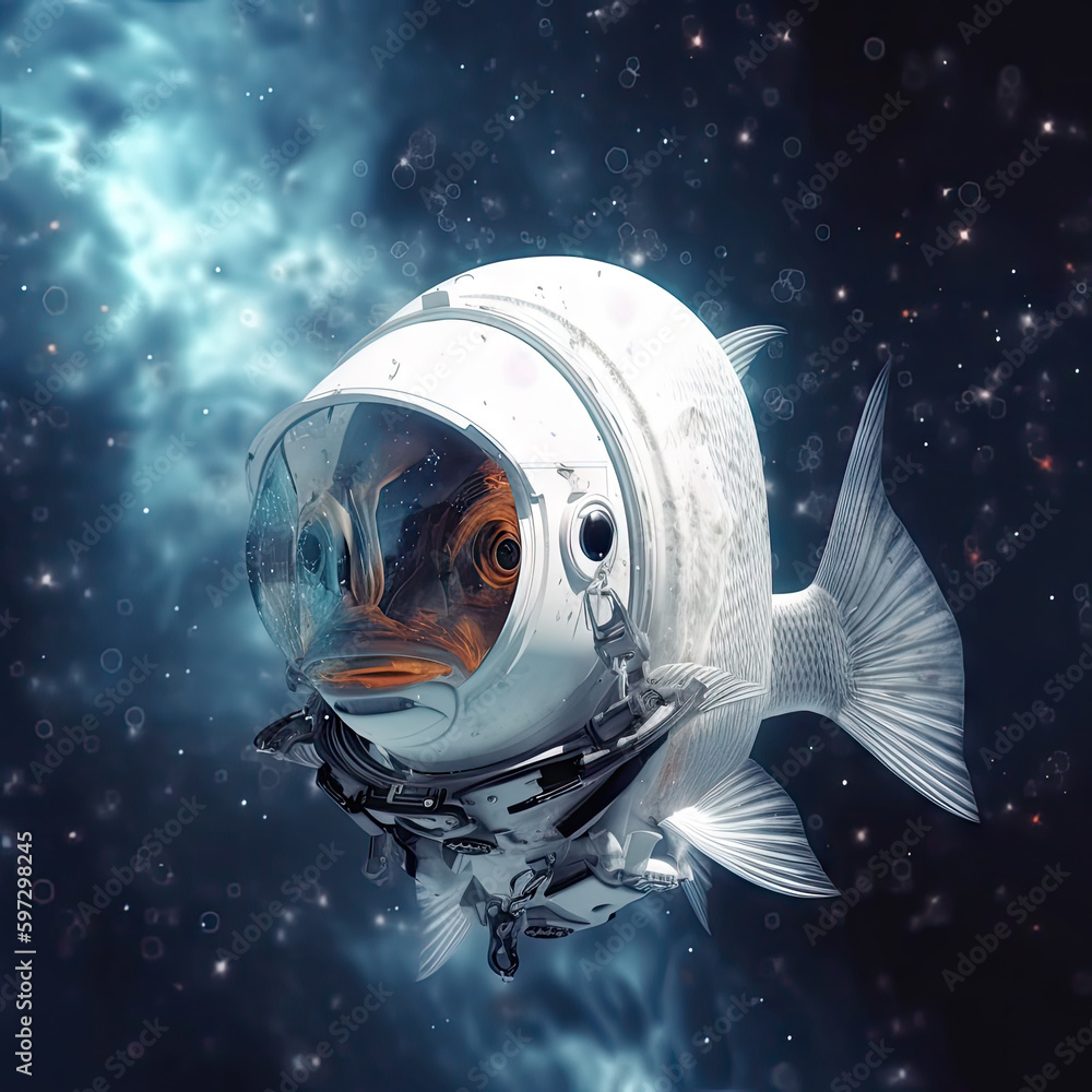 Fish in white spacesuit and transparent helmet swimming in open space ...