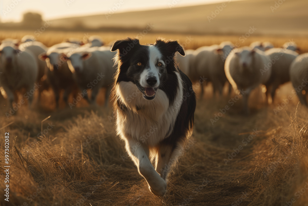 Boder collie dogs running after sheep in a beautiful field, ai ...