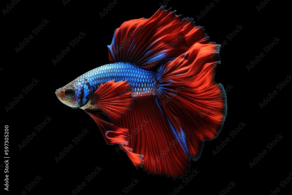 Siamese fighting fish with vibrant red and blue colors against a dark ...