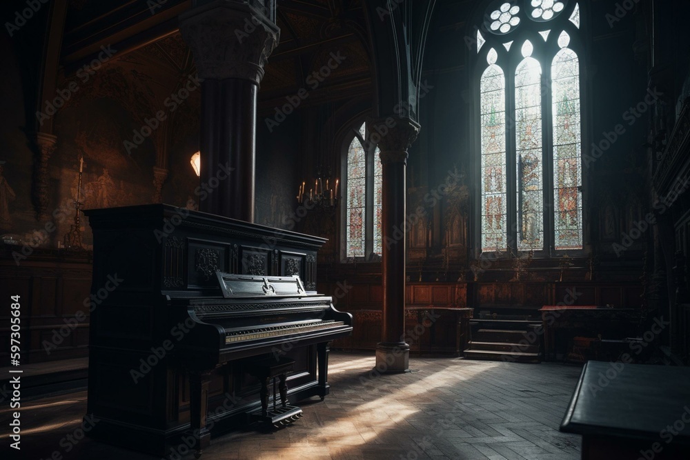 Gothic church with grand piano. Generative AI ilustração do Stock ...