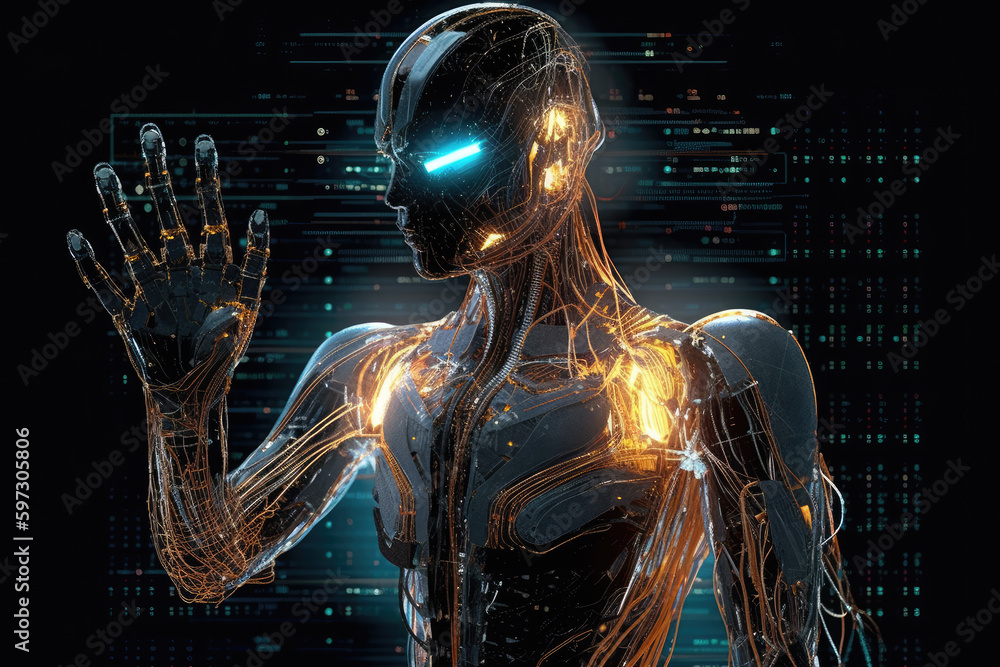 An intense digital artwork portraying an artificial man with glowing ...