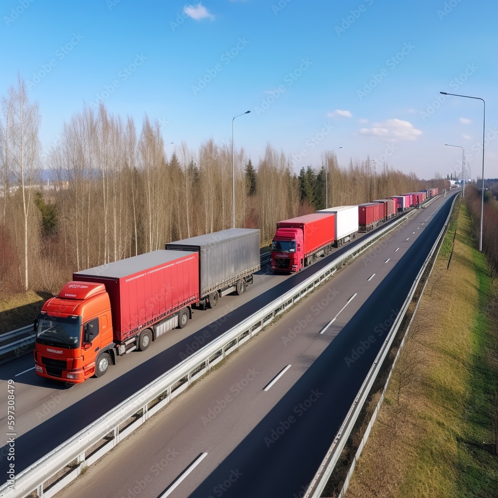 Large Red Lorry Trucks with containers on highway, cargo transportation ...