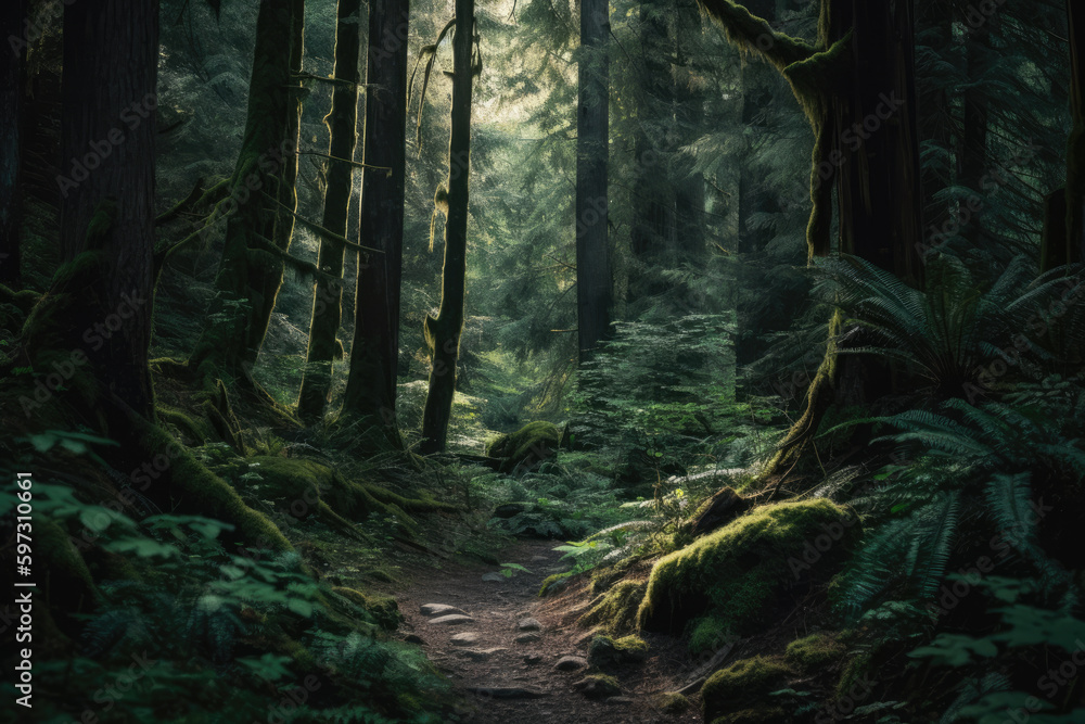 A path in the forest with trees and ferns on both sides, surrounded by ...