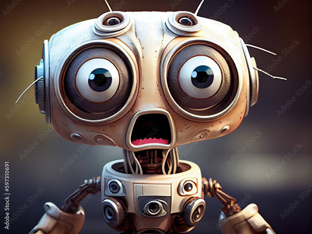 Portrait of a surprised robot with huge eyes and an open mouth ...