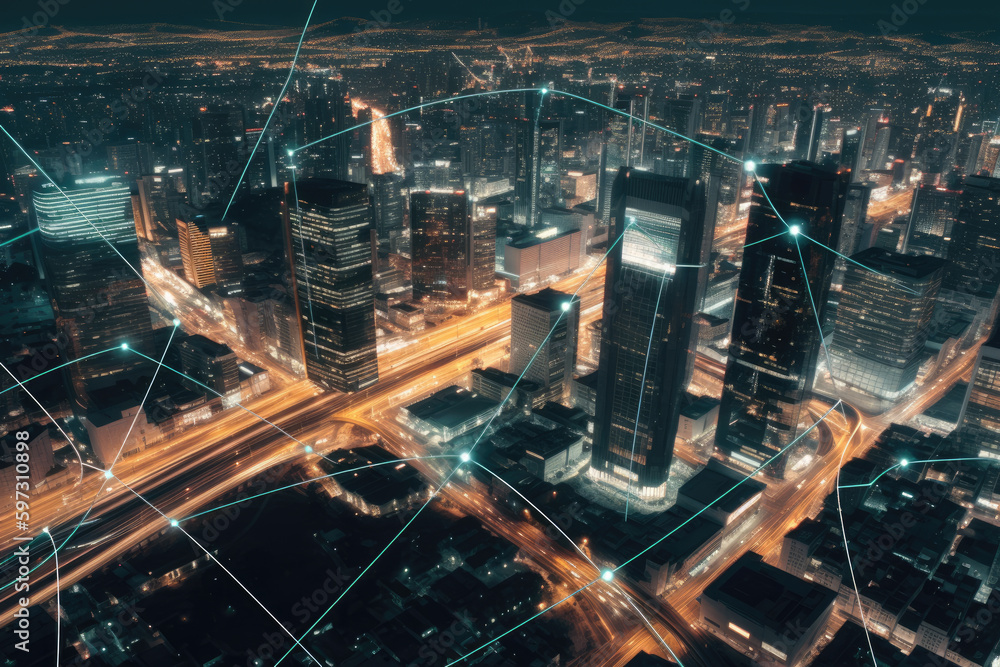 An aerial view of a city at night with many connected lines over the ...