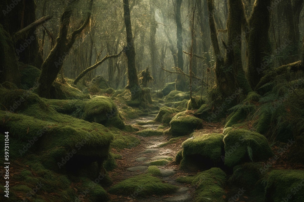 Forest glade with emerald trees, a path blanketed in green moss weaving ...
