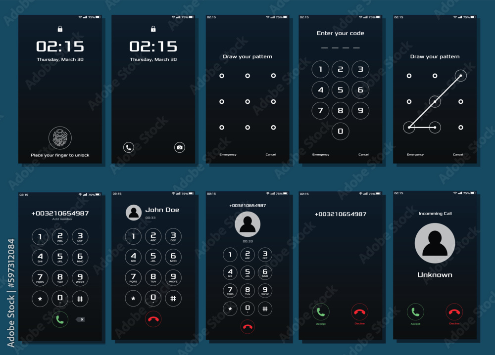 modern phone set with call and security menu with password and digital ...