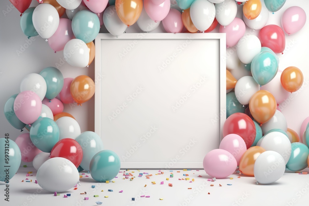 decoration balloons, confetti, gift, frame with pastel color space ...