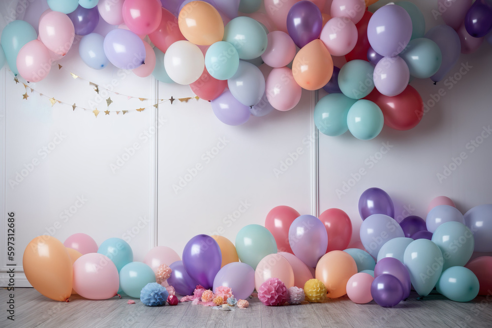decoration balloons, confetti, gift, frame pastel color space ...