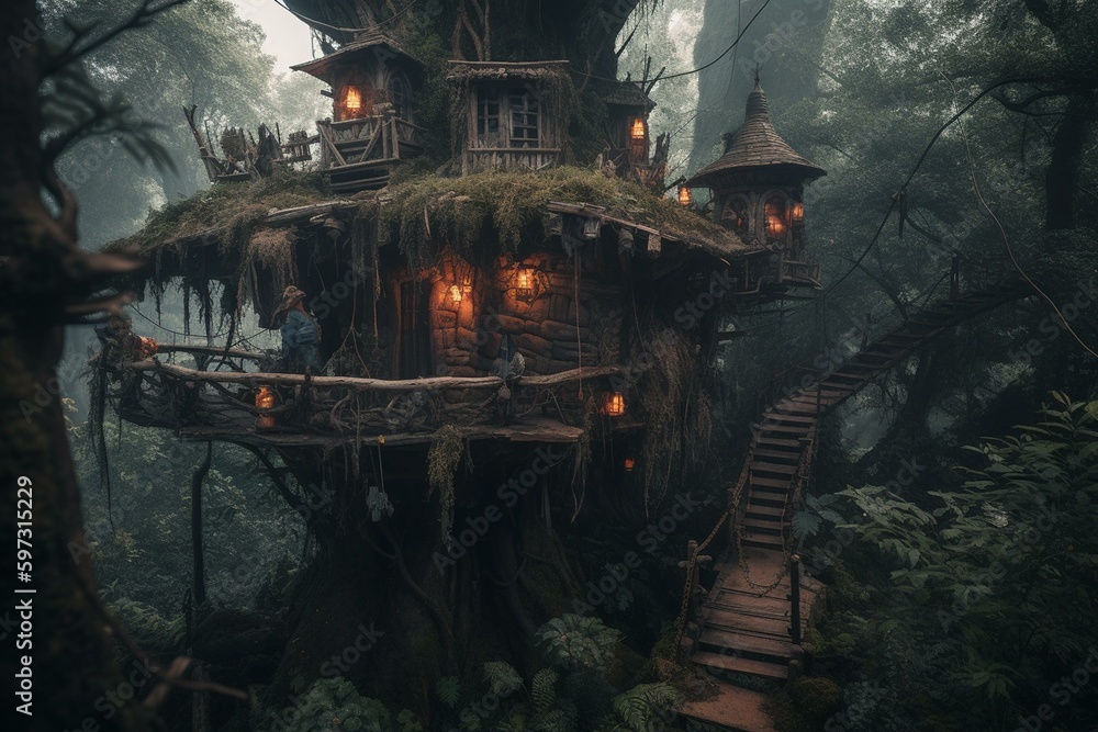 A magical and enchanted tree hut resembling Baba Yaga's scary abode on ...