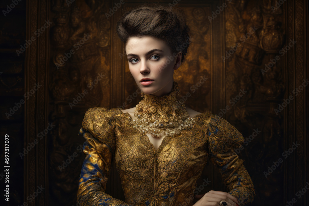 Gilded portrait of a regal woman adorned in a lavish gold gown, with ...