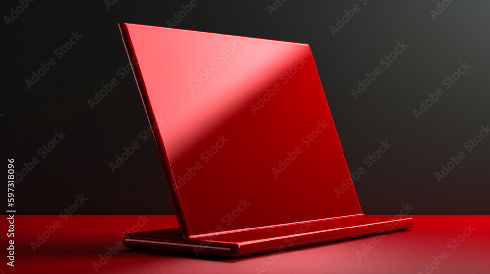 This blank tabletop sign holder mockup in bold red creates a statement ...