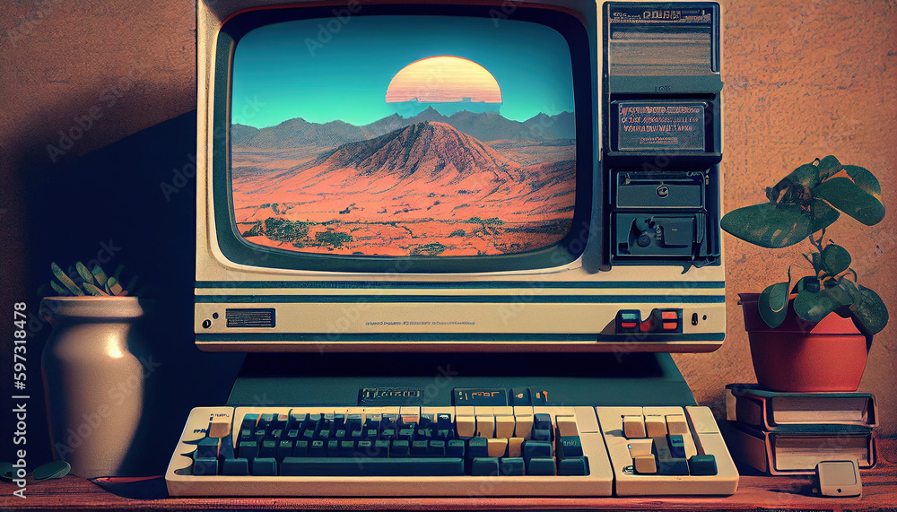 Vintage desktop PC design retro style background. Futuristic Vintage ...