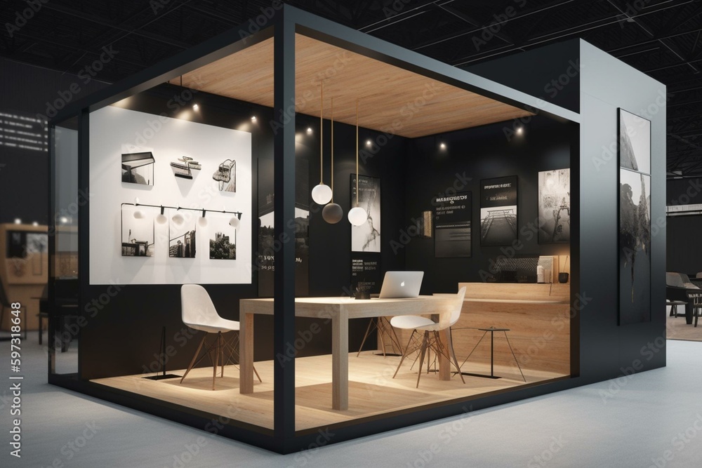 3D illustration of empty booth design elements with banner system for ...