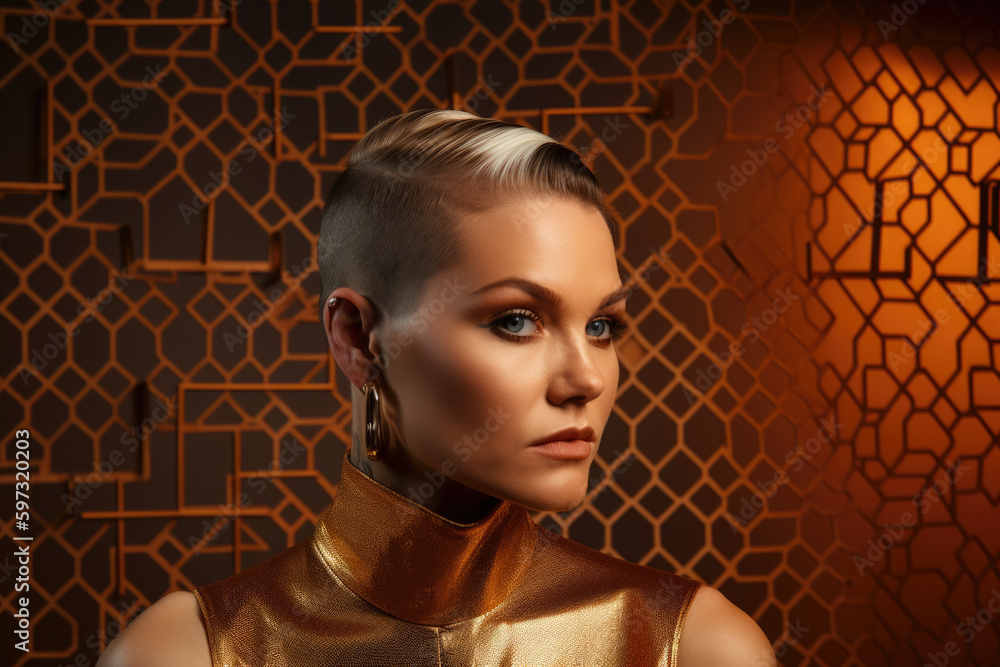 statuesque woman with Sienna-colored eyeshadow and slicked-back hair ...