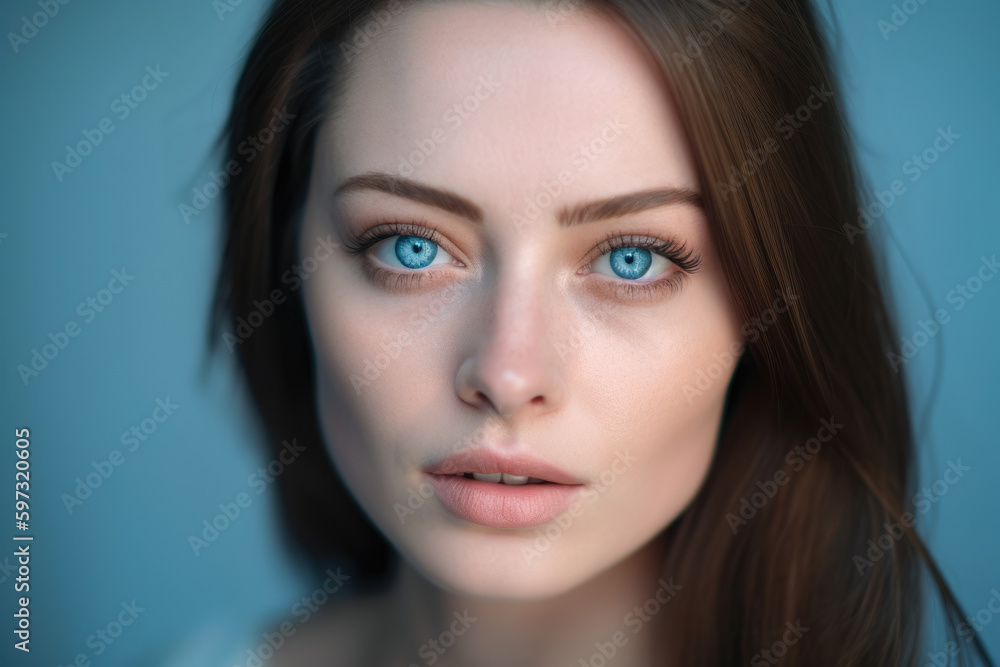 stunning woman with piercing blue eyes and full lips, her flawless skin ...