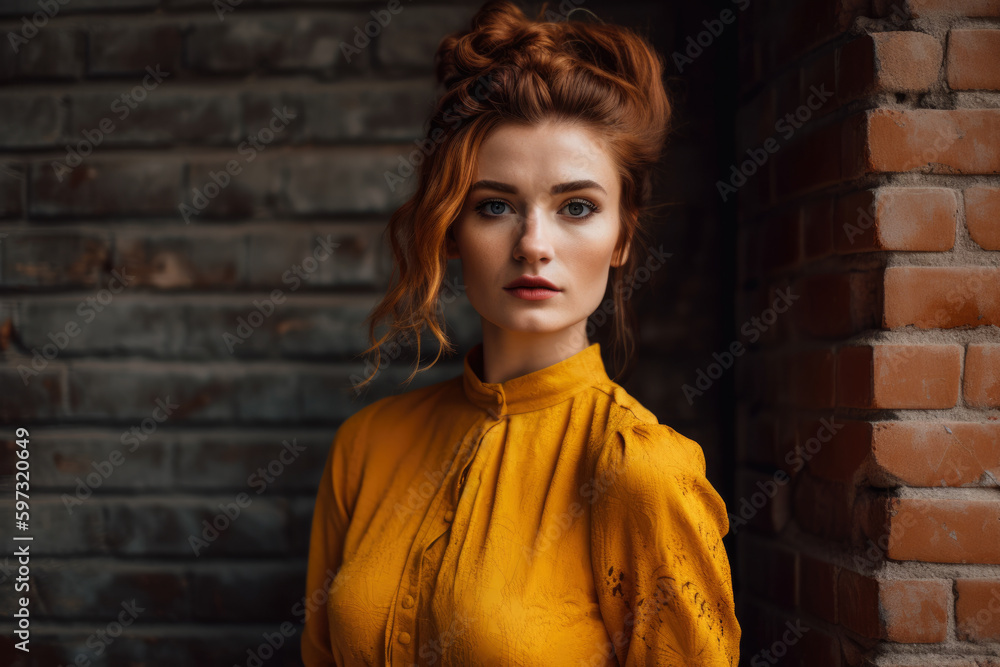 stunning woman with rust-colored hair in a messy bun, wearing a yellow ...