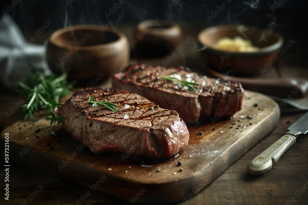 perfectly cooked slices of medium rare sirloin steak with garlic butter ...