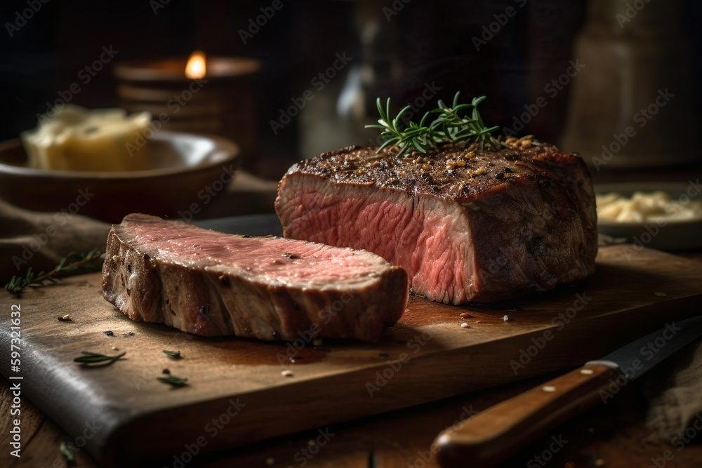 perfectly cooked slices of medium rare sirloin steak with garlic butter ...