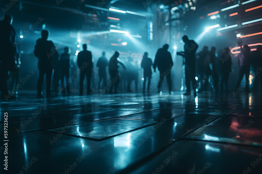 Silhouette in rave night club under blue rays beams enjoying at concert ...