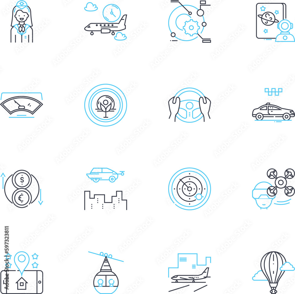 Flight linear icons set. Takeoff, Landing, Pilots, Passengers, Airline ...
