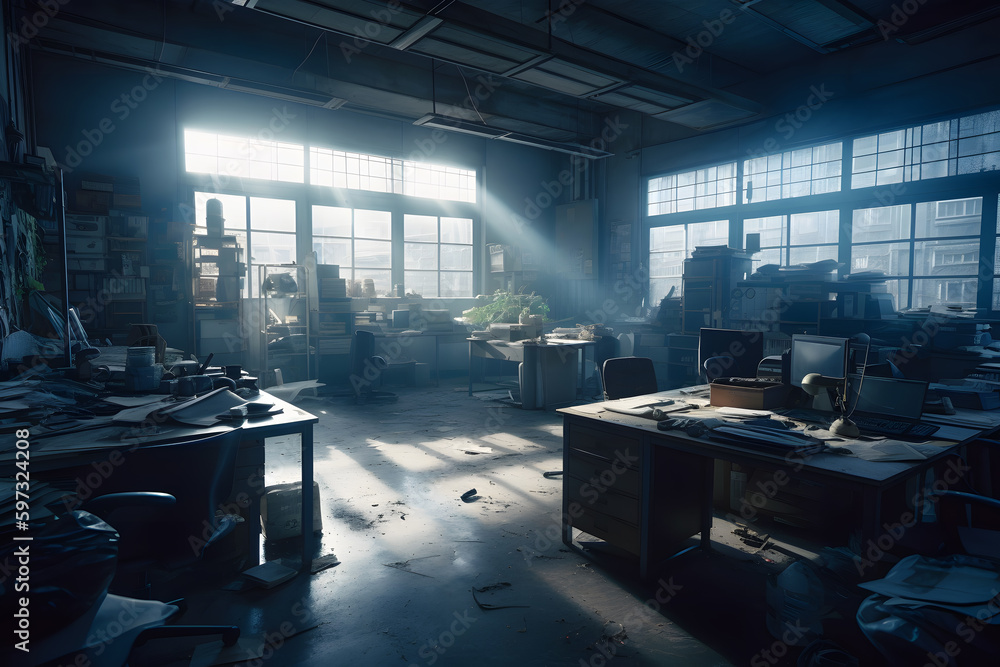 Messy abandoned office after company shut down: the desk is cluttered ...