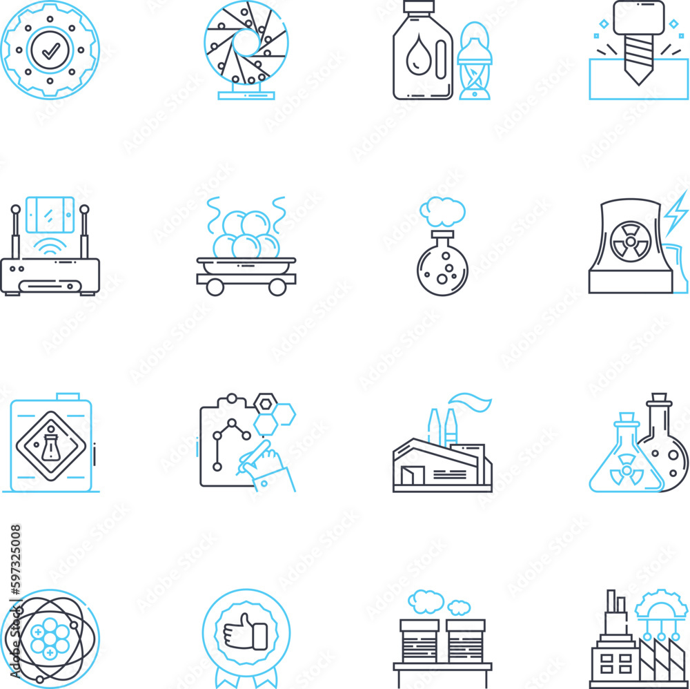 Chemical processing linear icons set. Synthesis, Reactor, Distillation ...