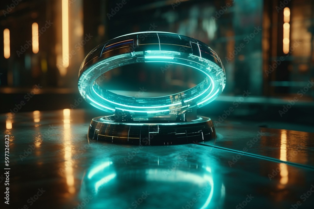 Circular teleport with futuristic hologram effect; high-tech design ...