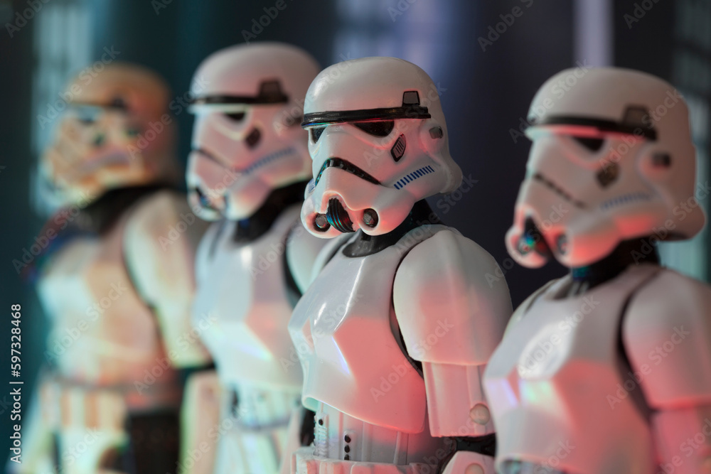 NEW YORK USA: APR 15 2018: Selective Focus on row of Star Wars Imperial ...