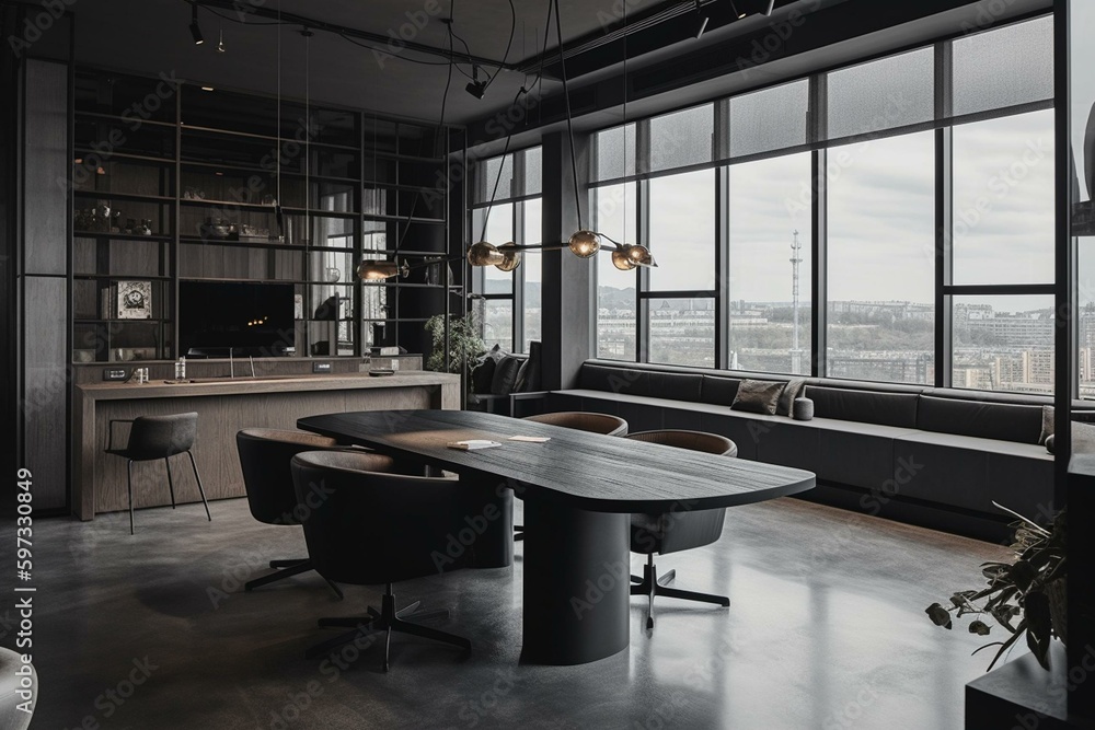 A modern office in shades of grey featuring a shared workspace and a ...