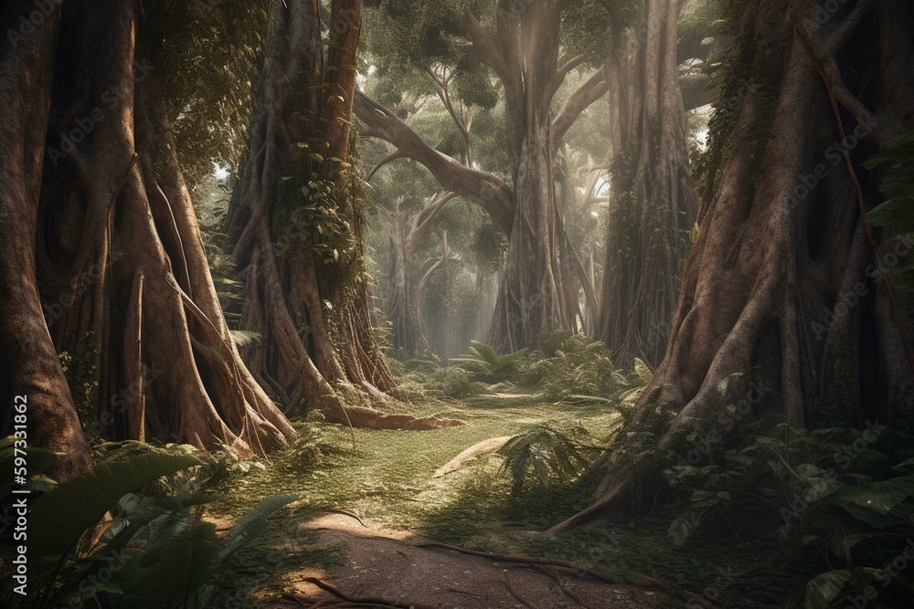 Giant trees in dense forest oasis with pathways. A 3D rendering ...