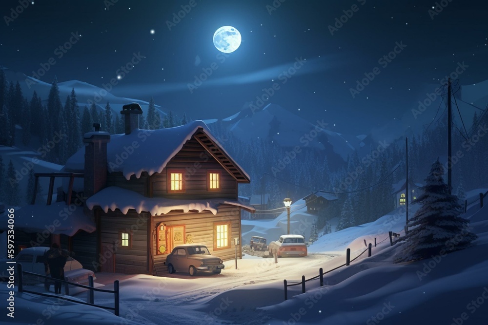 Realistic yet fantastic winter night scene illustration in cartoon ...