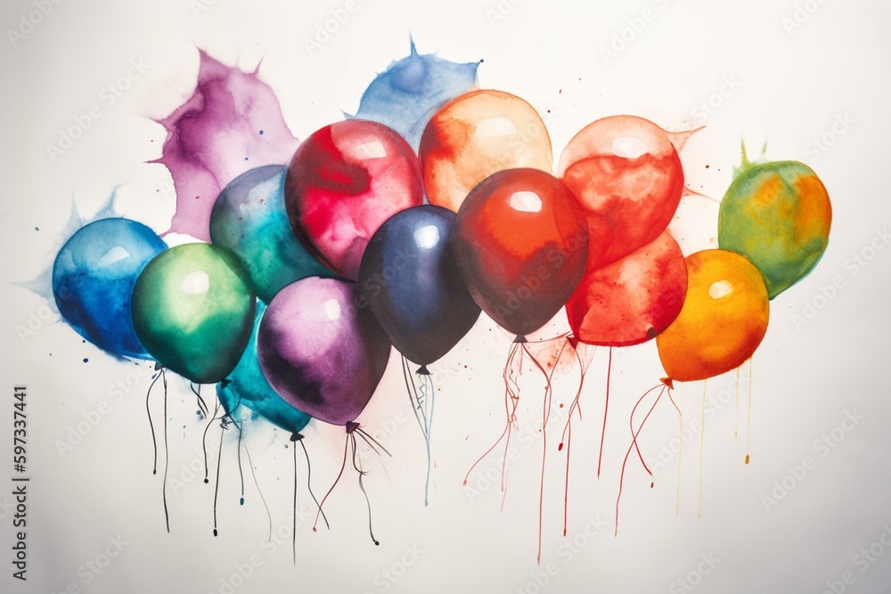 Colorful hand-drawn watercolor balloon cutouts with transparent ...