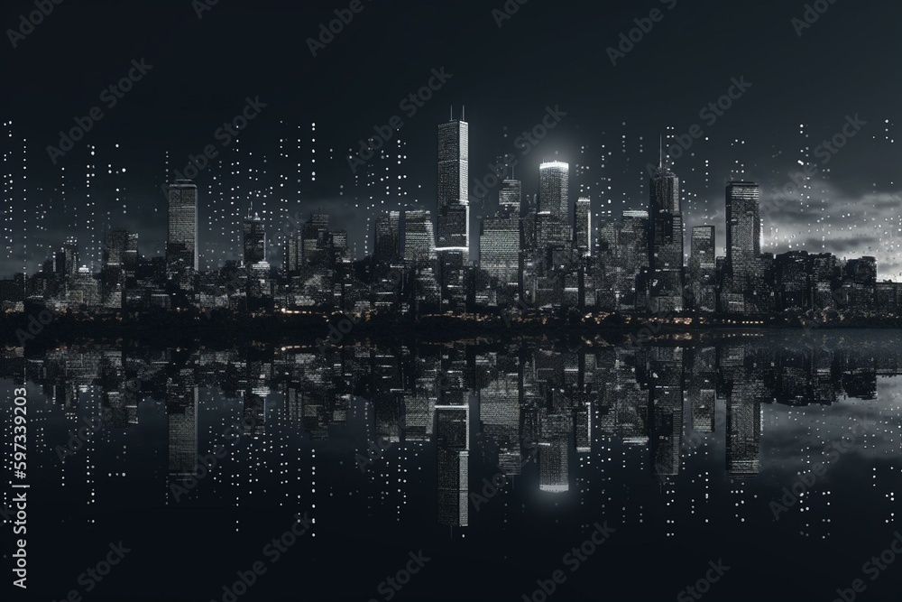Pixel art skyline of a dark city in shades of gray. Generative AI Stock ...